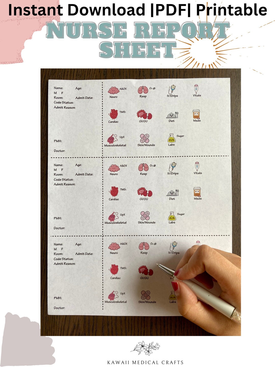 Single-sided 3-patient Nurse Report Sheet, Pcu/med Surg 3 Patients ...