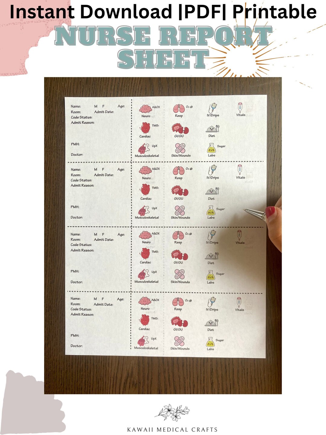 Double-sided 4-patient Nurse Report Sheet, With Meds and Notes, Pcu/med ...