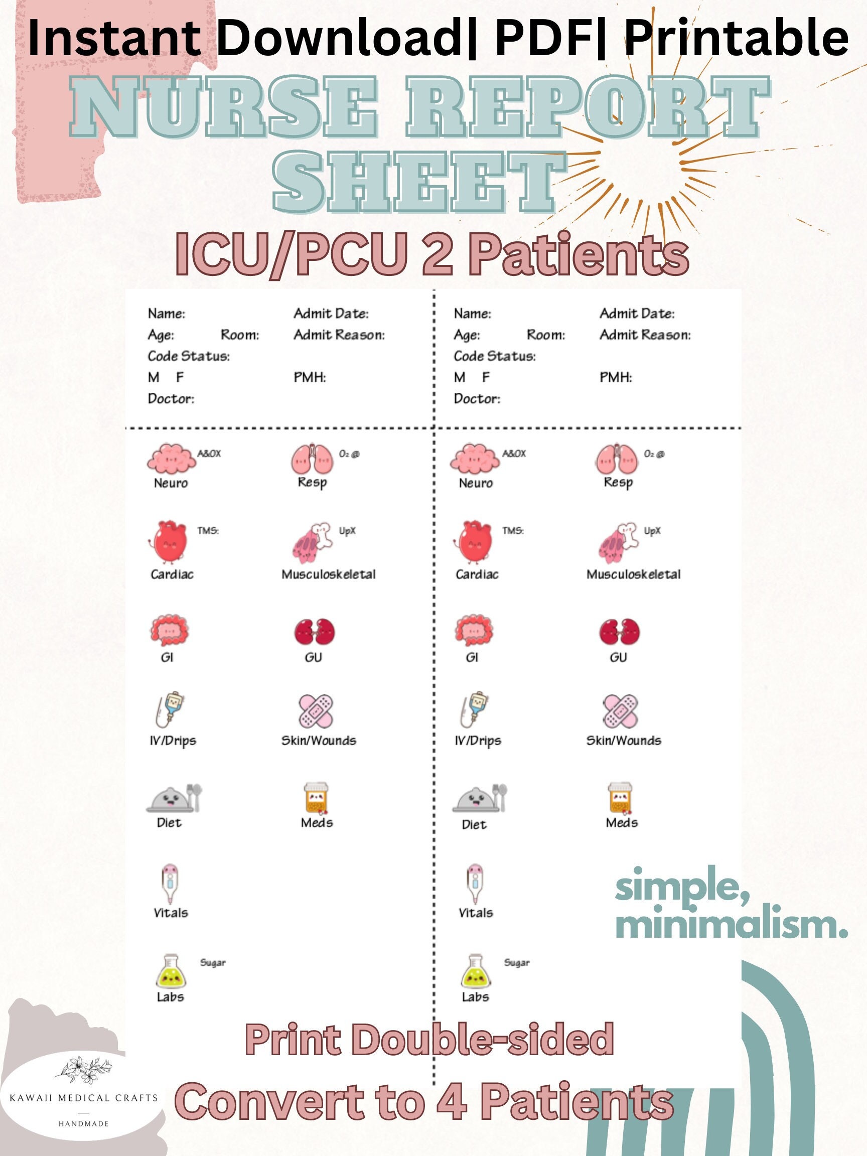 Hoja de informe de enfermería para 2 pacientes, Hoja de informe de 2 ...