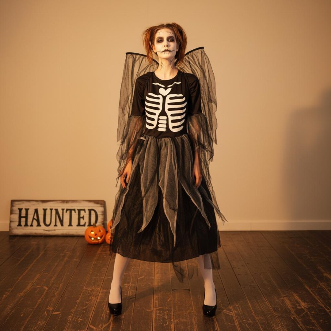 Adult Skeleton Fallen Angel Halloween Costume With Tattered Mesh Dress ...