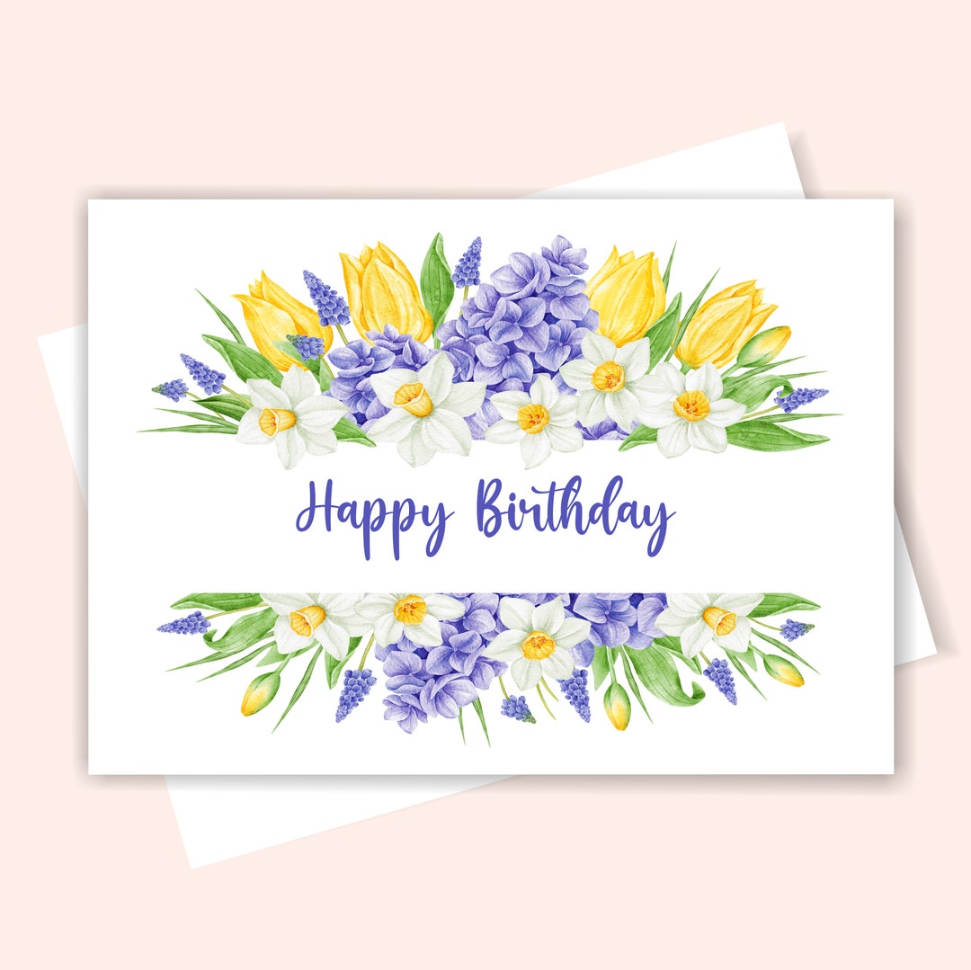 Printable Birthday Card With Tulips, Spring Flowers Birthday Card ...