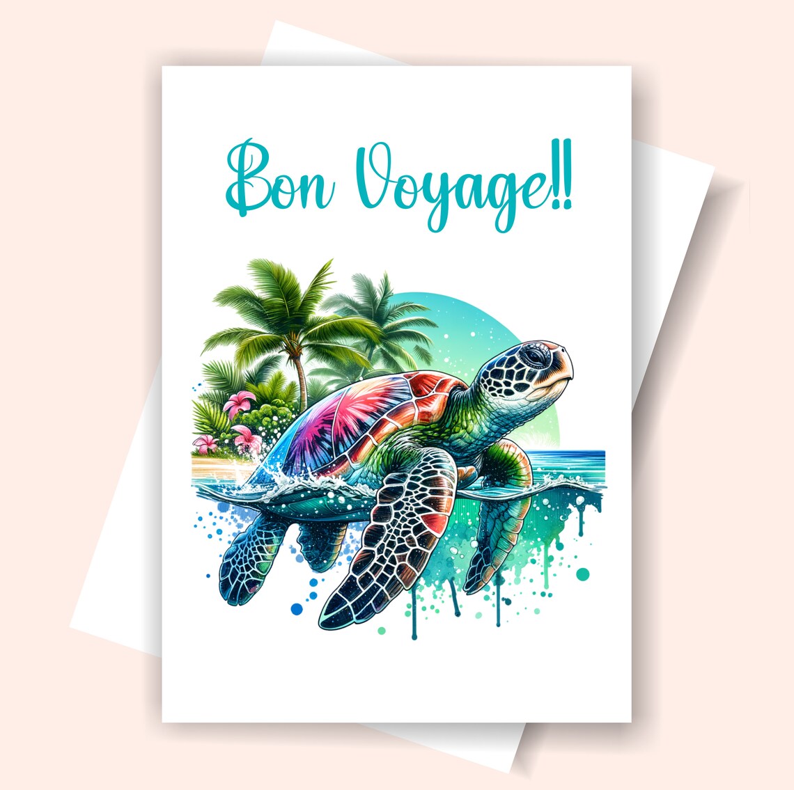 Printable Bon Voyage Card, Watercolor Turtle Card, Colorful Vacation ...