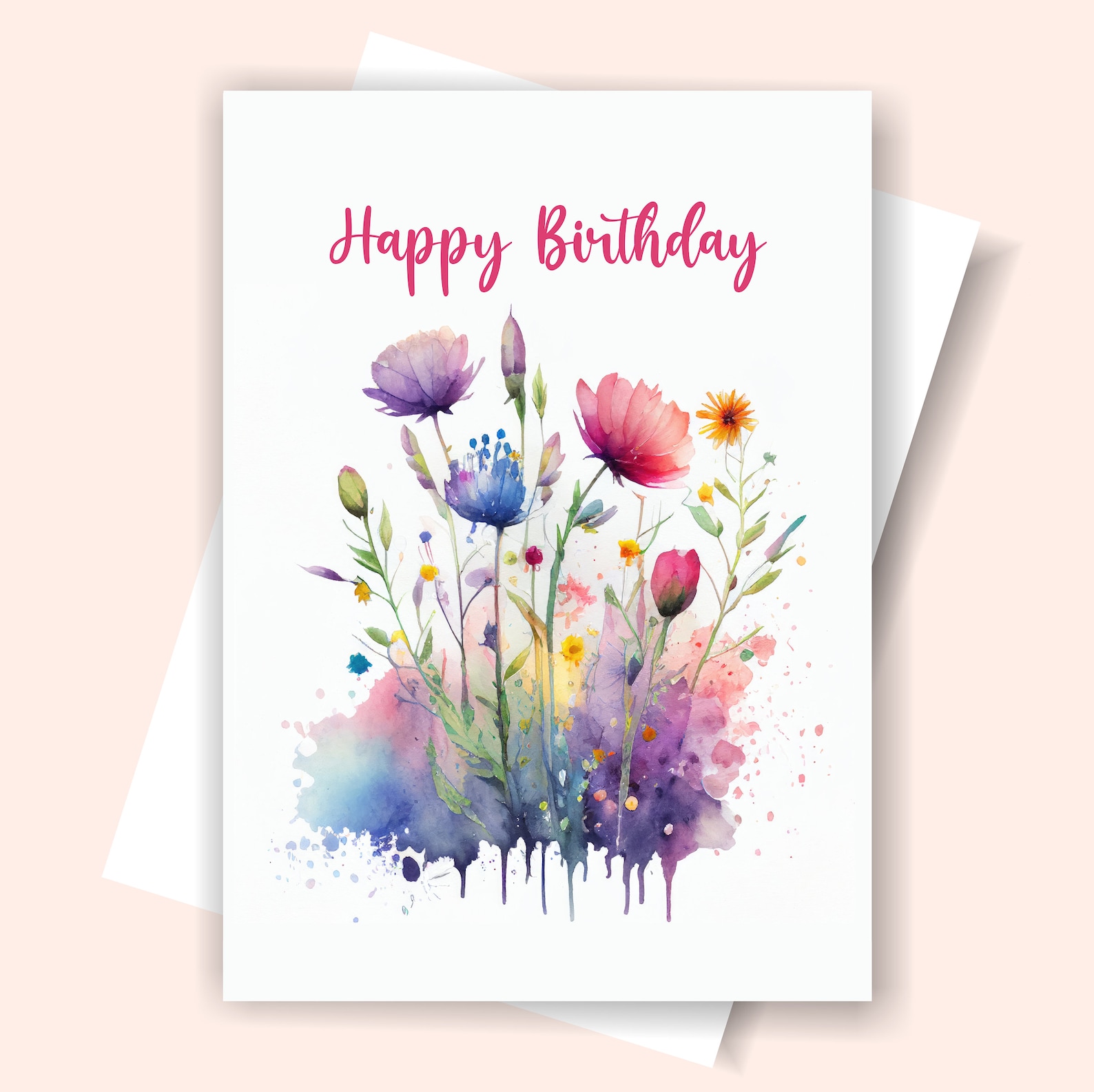 Printable Happy Birthday Watercolor Flower Card, Digital Flower ...