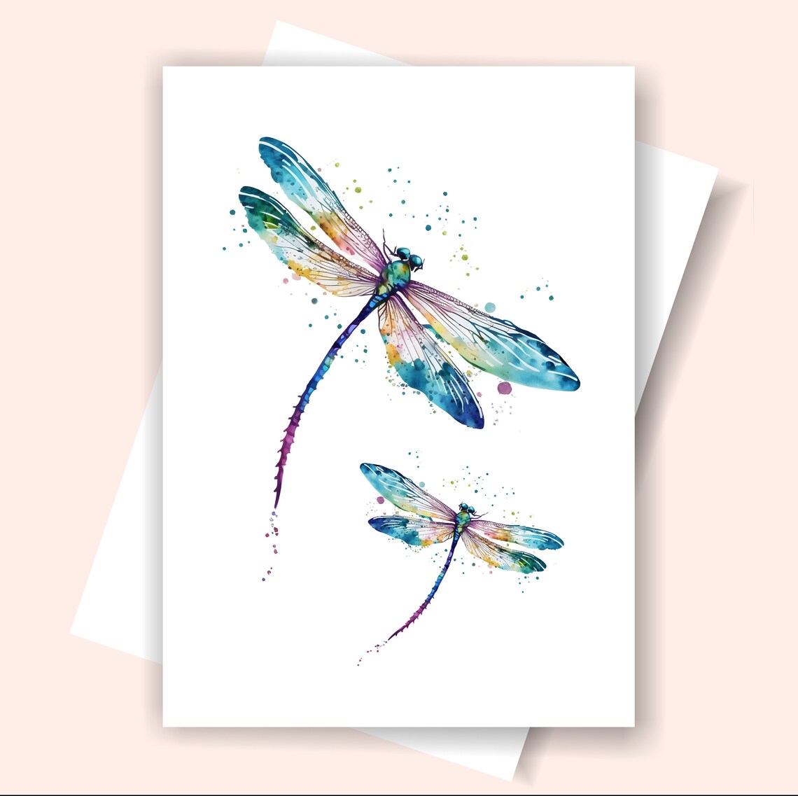 Printable Dragonfly Card, Watercolor Dragonflies Card, Colorful ...