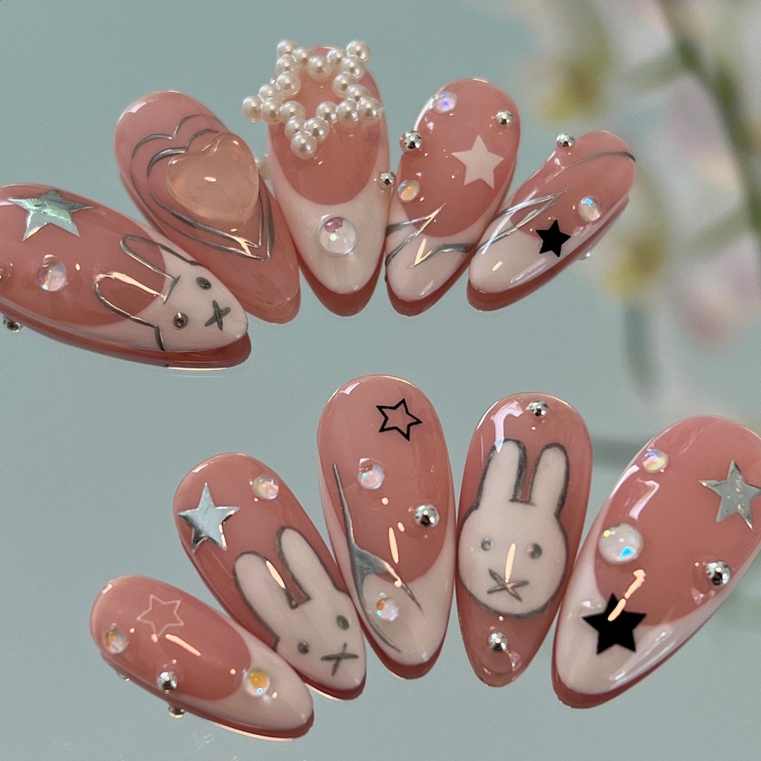 Miffy Bunny White French Tip Star Chrome Press on Nails - Etsy