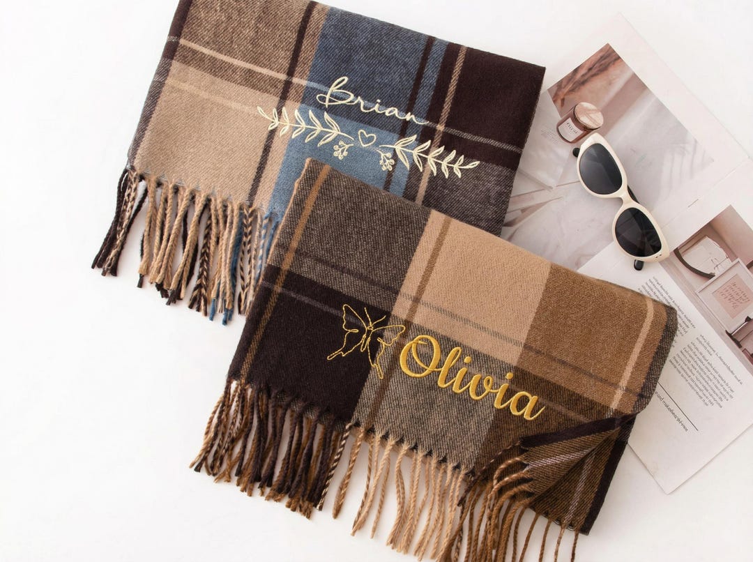 Personalized Plaid Scarf, Custom Name Embroidery Faux Cashmere Shawl ...