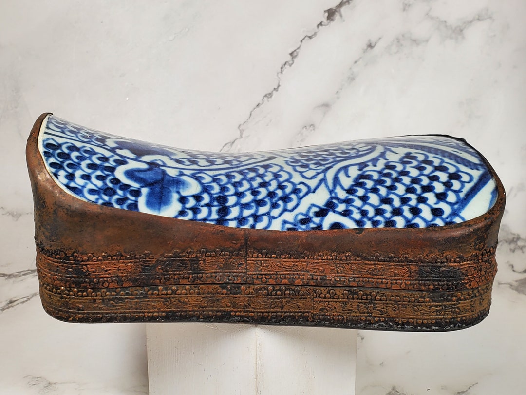Chinese Shard Box Blue White Porcelain Copper Silver Plated Headrest ...