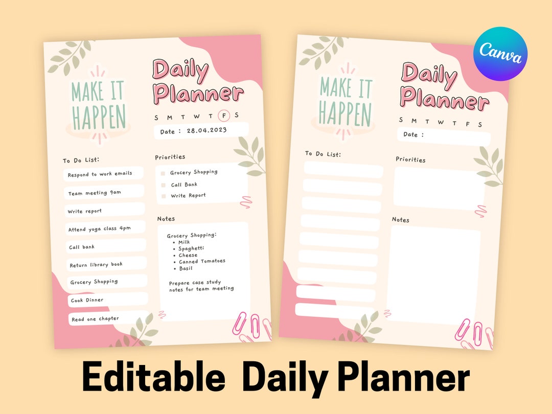Customisable Daily Planner/ Printable Daily Planner Template/ To-do ...