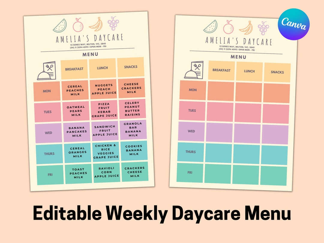 Customisable Daycare Menu/ Childcare Centre Printable Menu Template ...