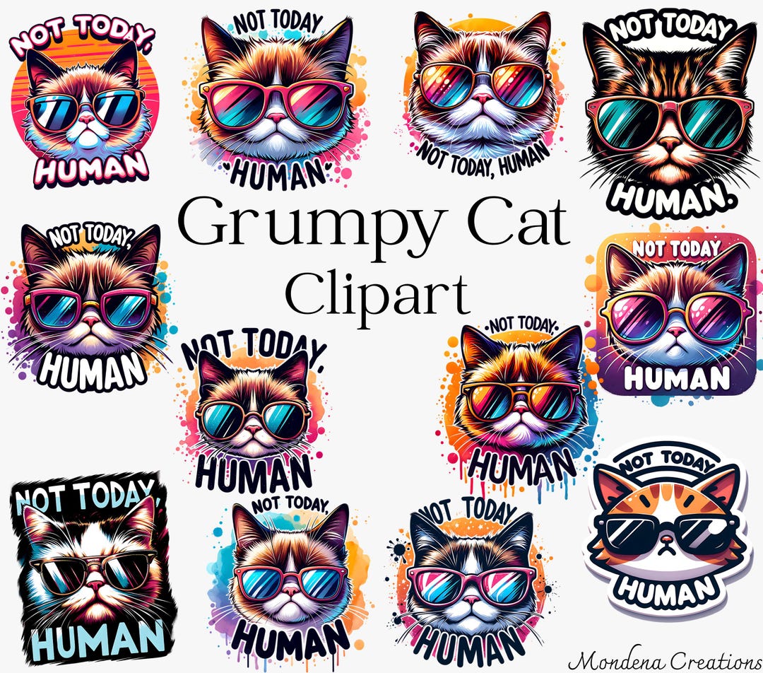 Grumpy Funny Cat Clipart, Sublimation Png, Cat With Glasses Png, Cat ...