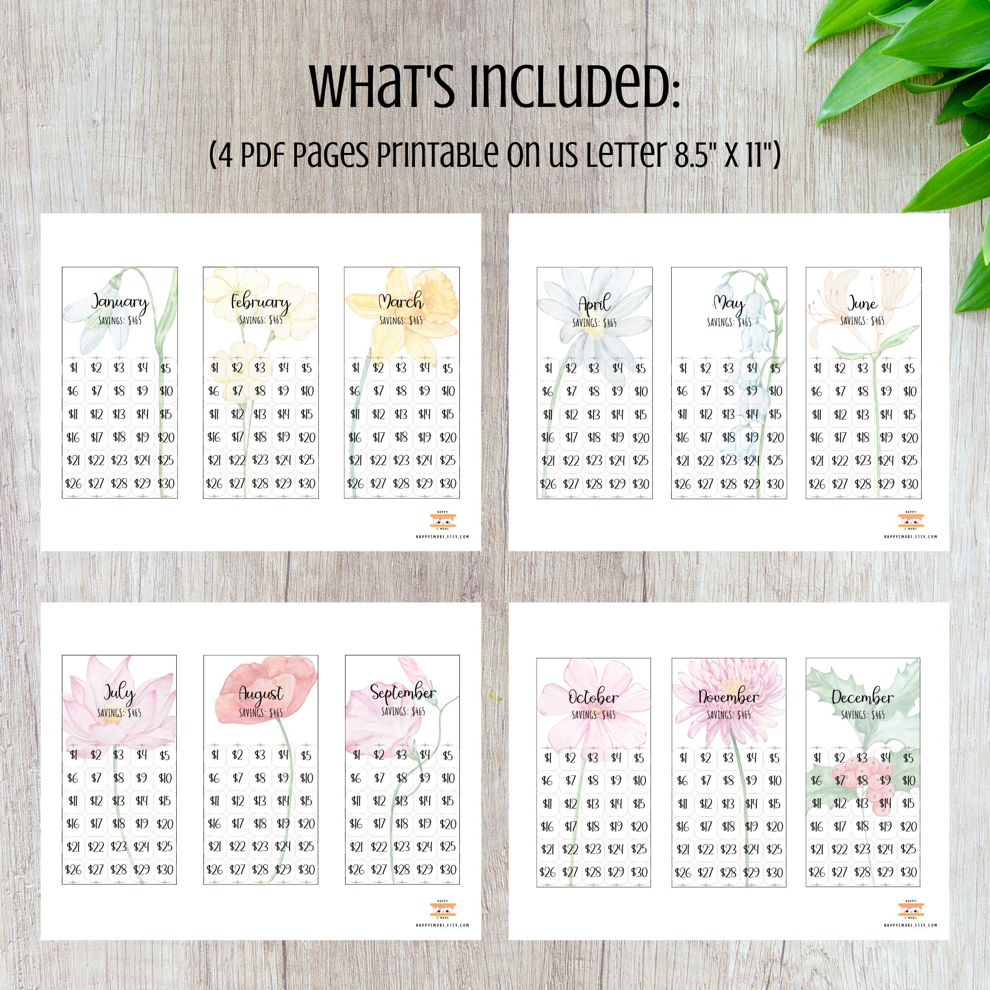 Monthly Savings Challenge Printable Birth Flowers of the Month Set of ...