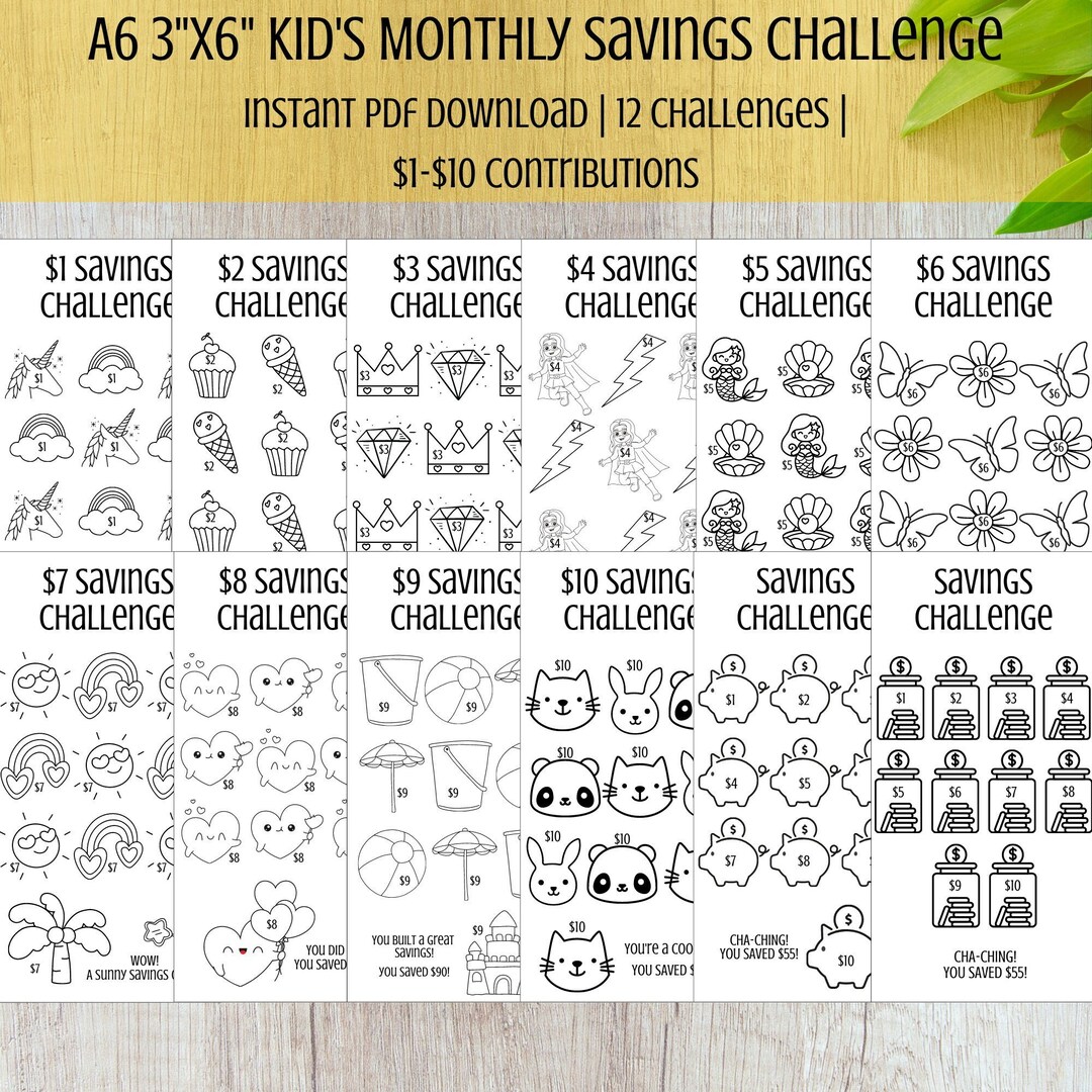 Kids Saving Challenge for Girls Printable Set of 12 Money Savings ...