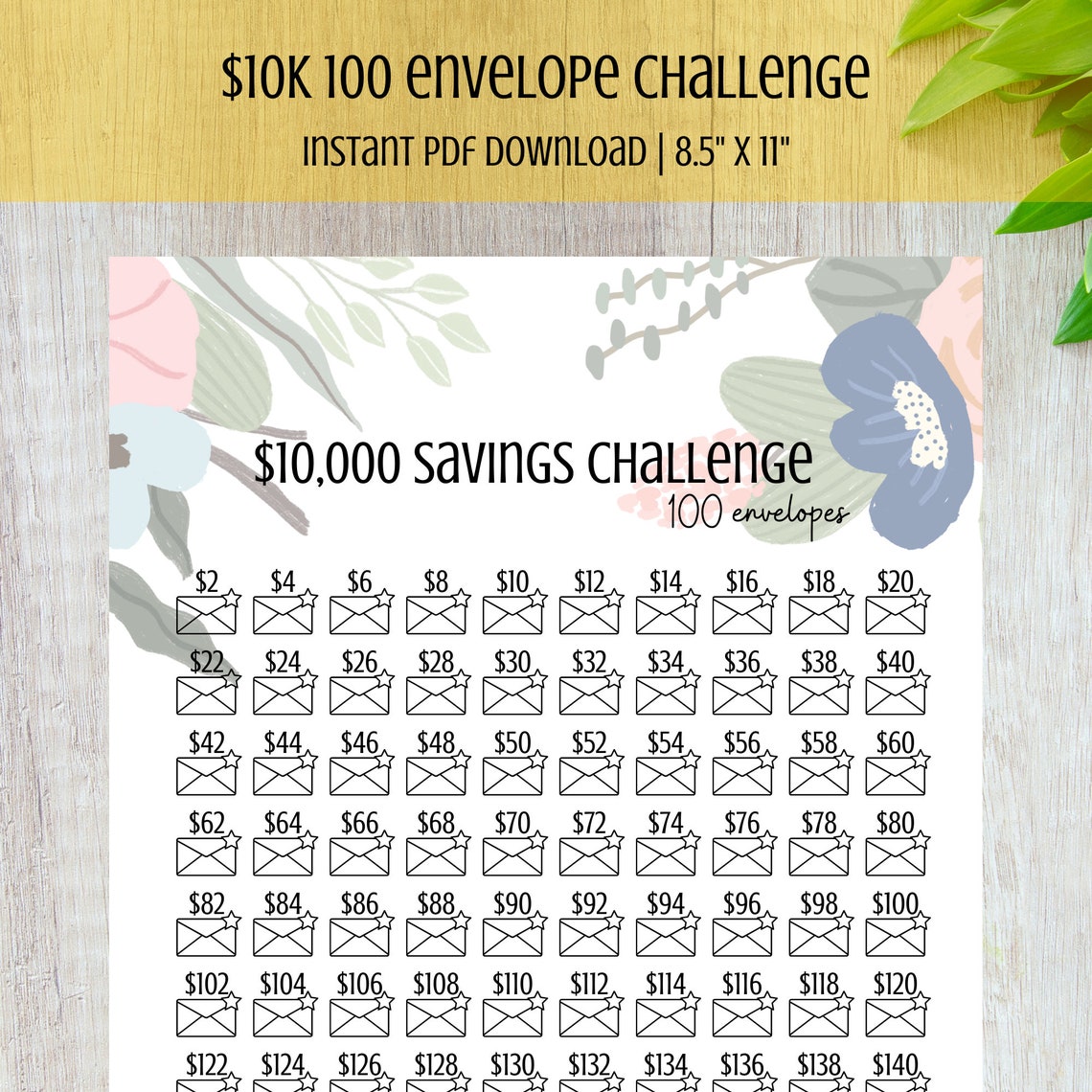 10000 Envelope Savings Challenge Printable 100 Envelope 10K Challenge ...