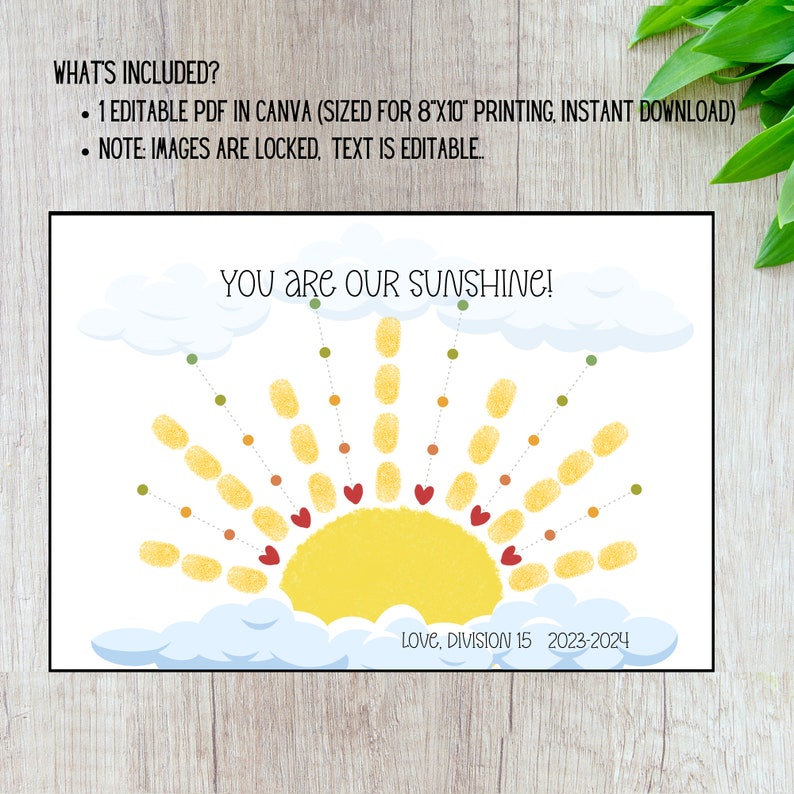 Sun Fingerprint Art Teacher Appreciation Gift, Printable 8x10 Editable Personalized Gift for ...