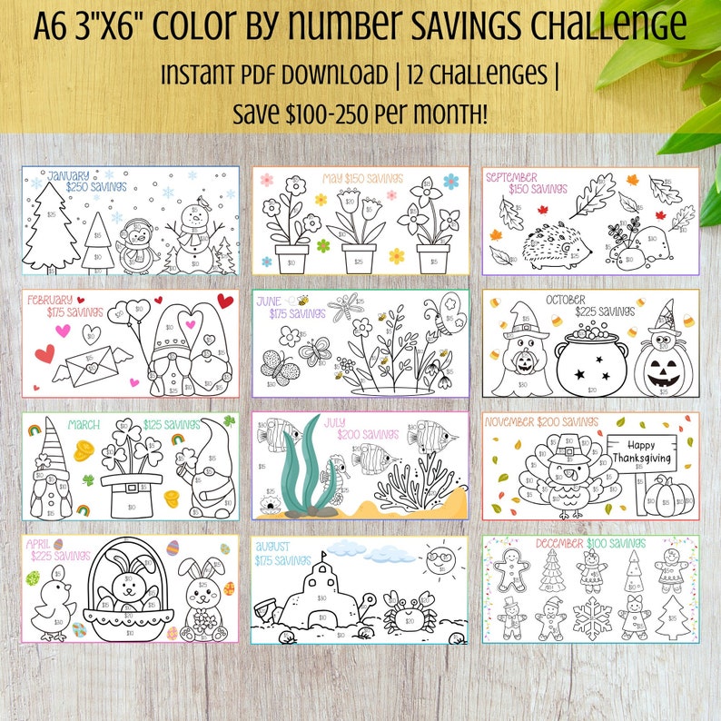 Monthly Color by Number Savings Challenge Printable Savings Tracker ...