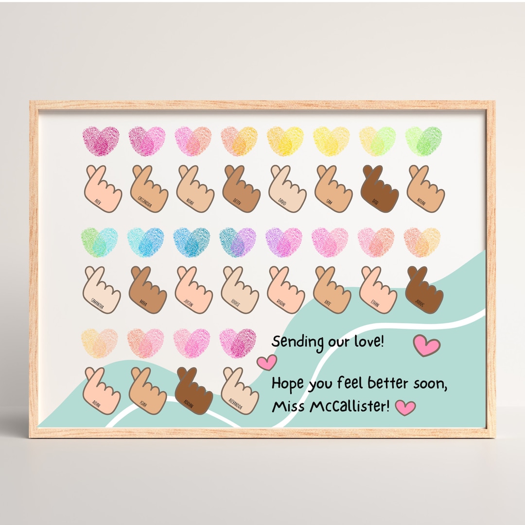 Finger Heart Art Fingerprint Teacher Get Well Card, Editable ...