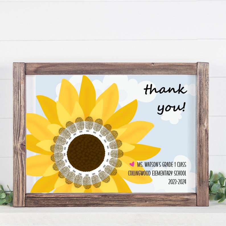 Sunflower Fingerprint Art, Year End Personalized Gift for Teacher ...