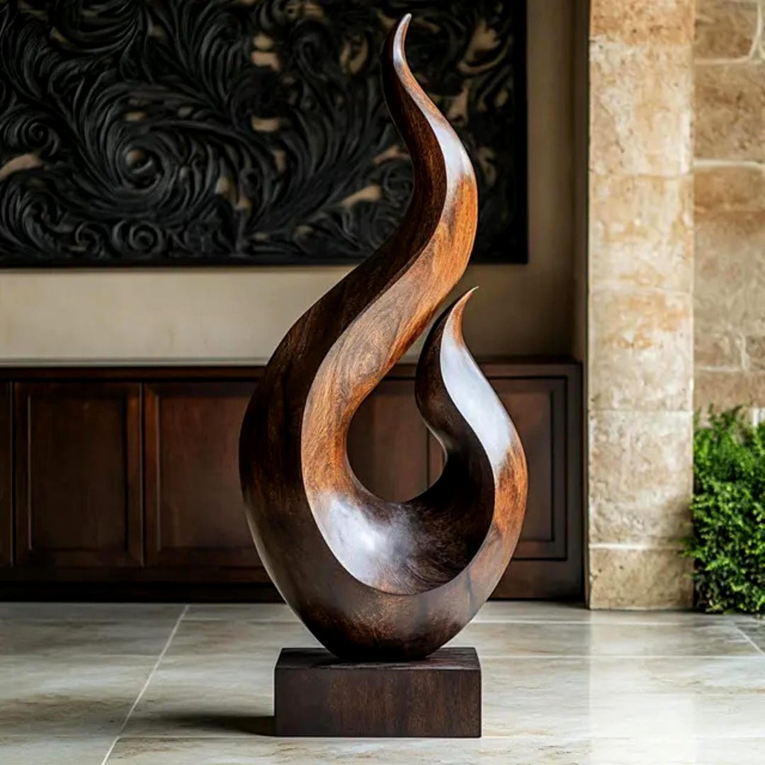 Abstract Wooden Sculpture – Hand-carved Flame Design – Modern Art for ...