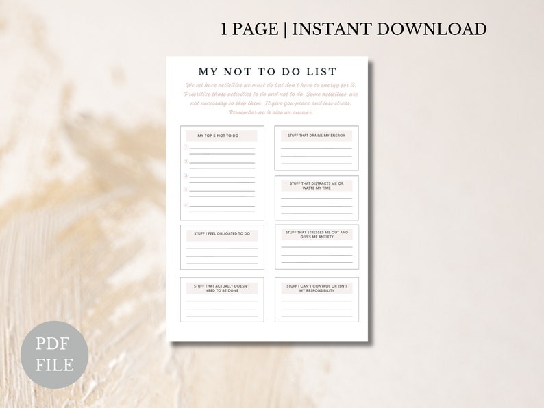 My Not to Do List in PDF, Stress Management, Printable Organizer ...