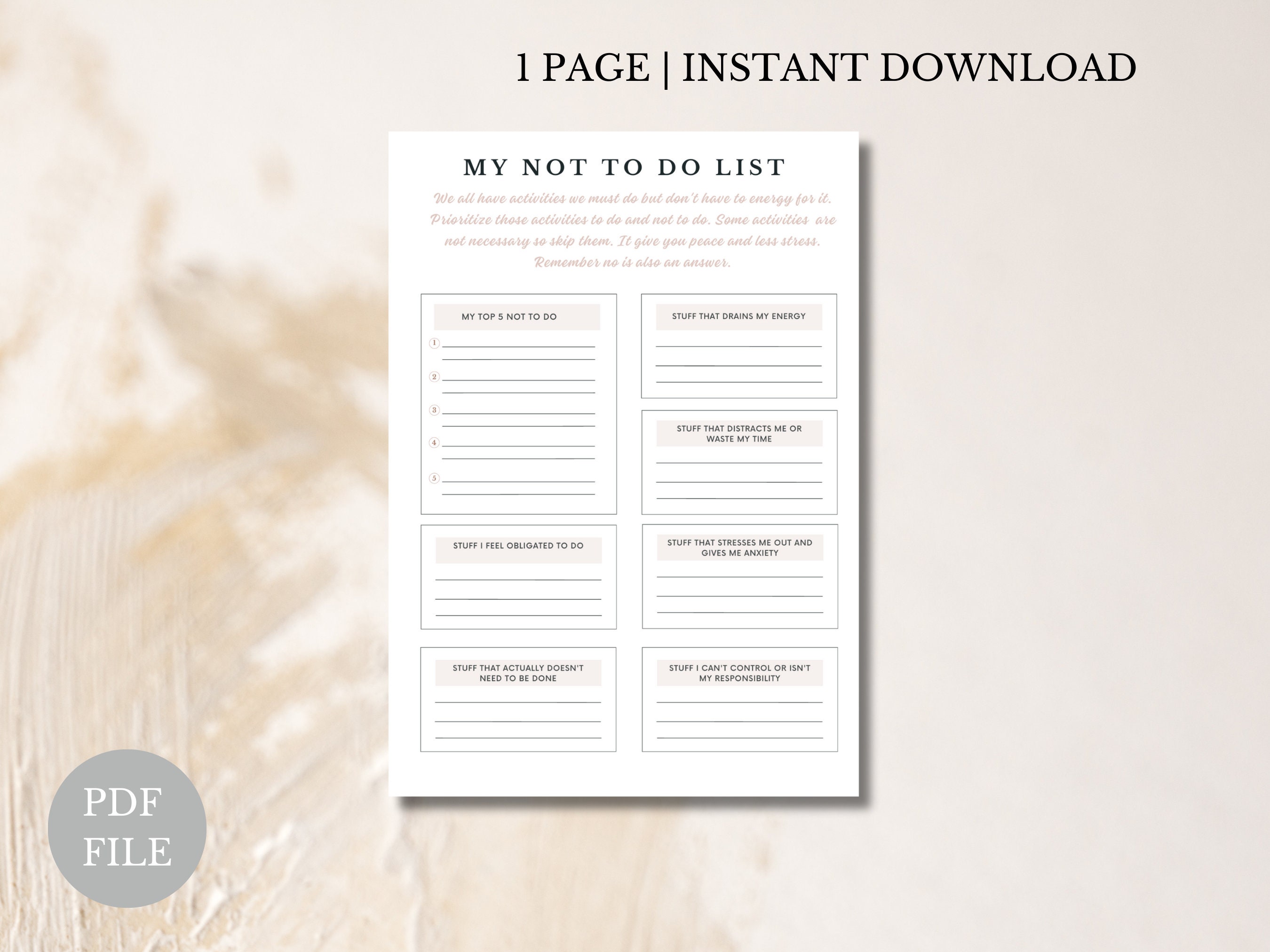 My Not to Do List in PDF, Stress Management, Printable Organizer ...
