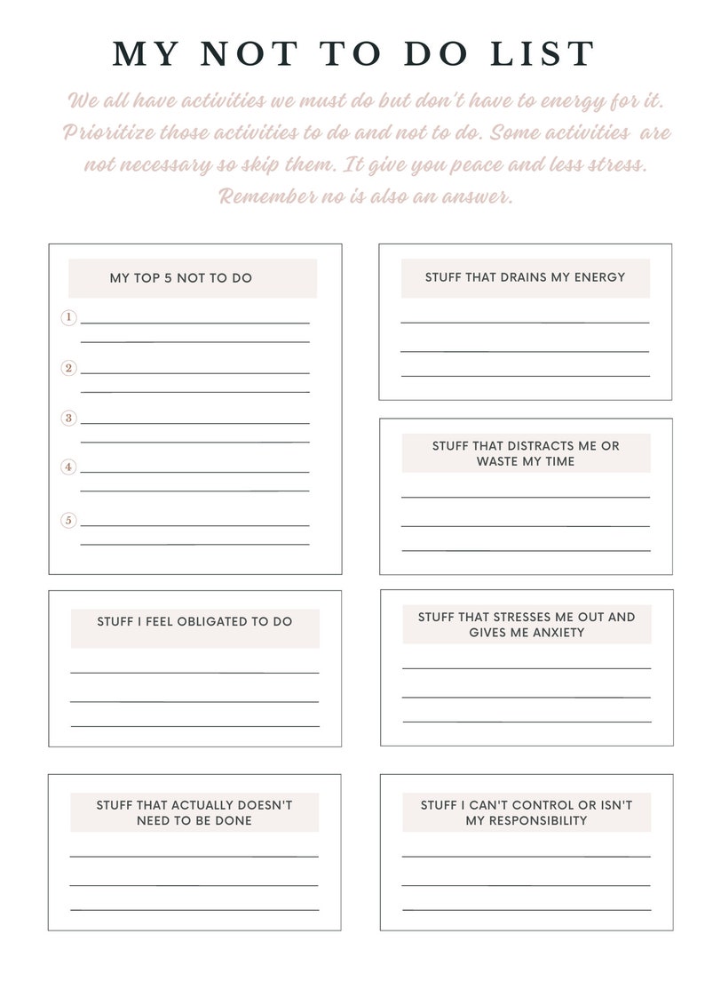 My Not to Do List in PDF, Stress Management, Printable Organizer ...