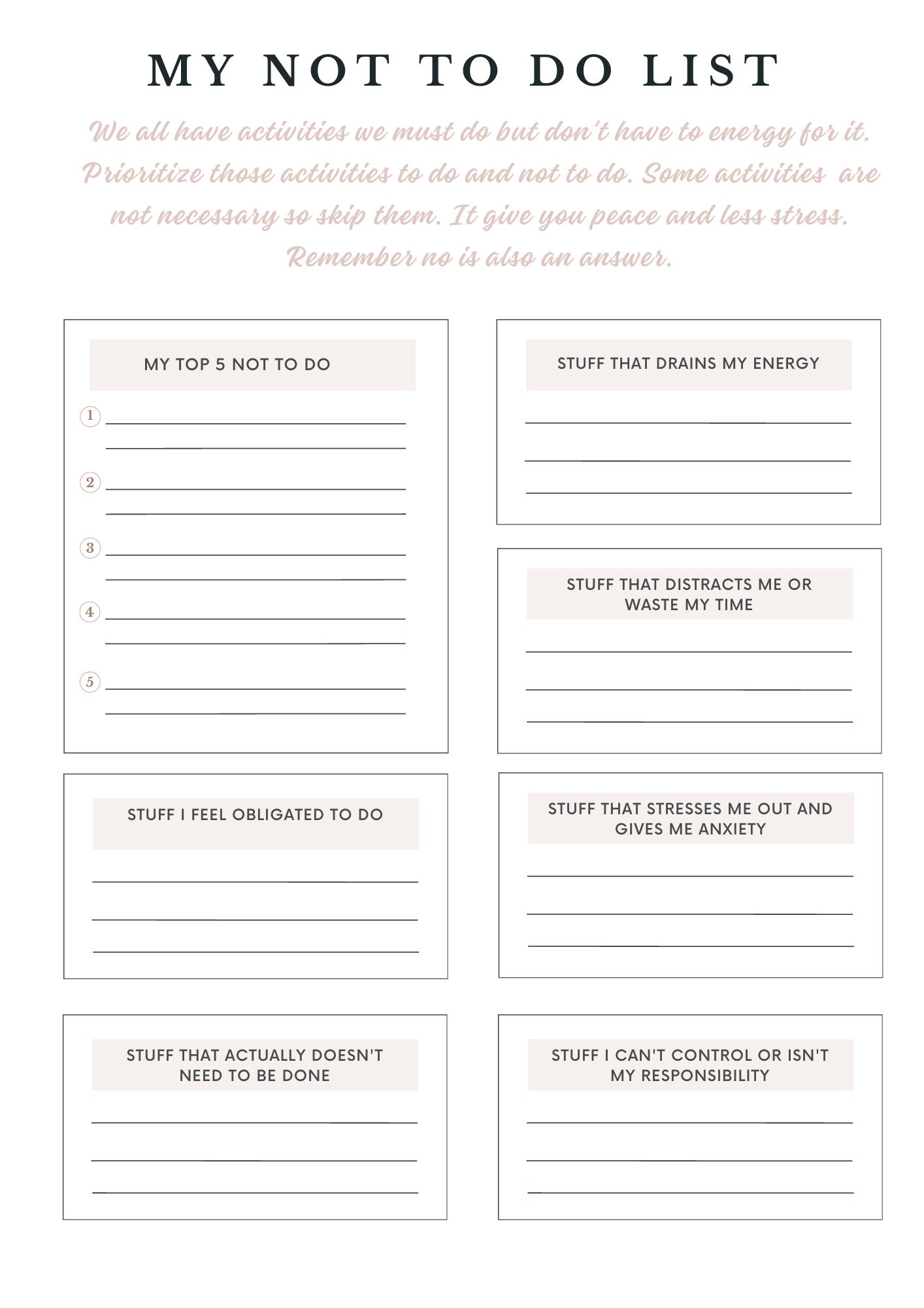 My Not to Do List in PDF, Stress Management, Printable Organizer ...