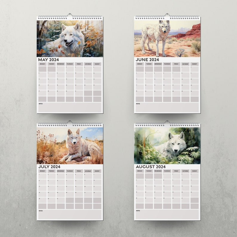 2024 Calendar, Monthly Planner 2024, Wolf Calendar, Sunday Start ...