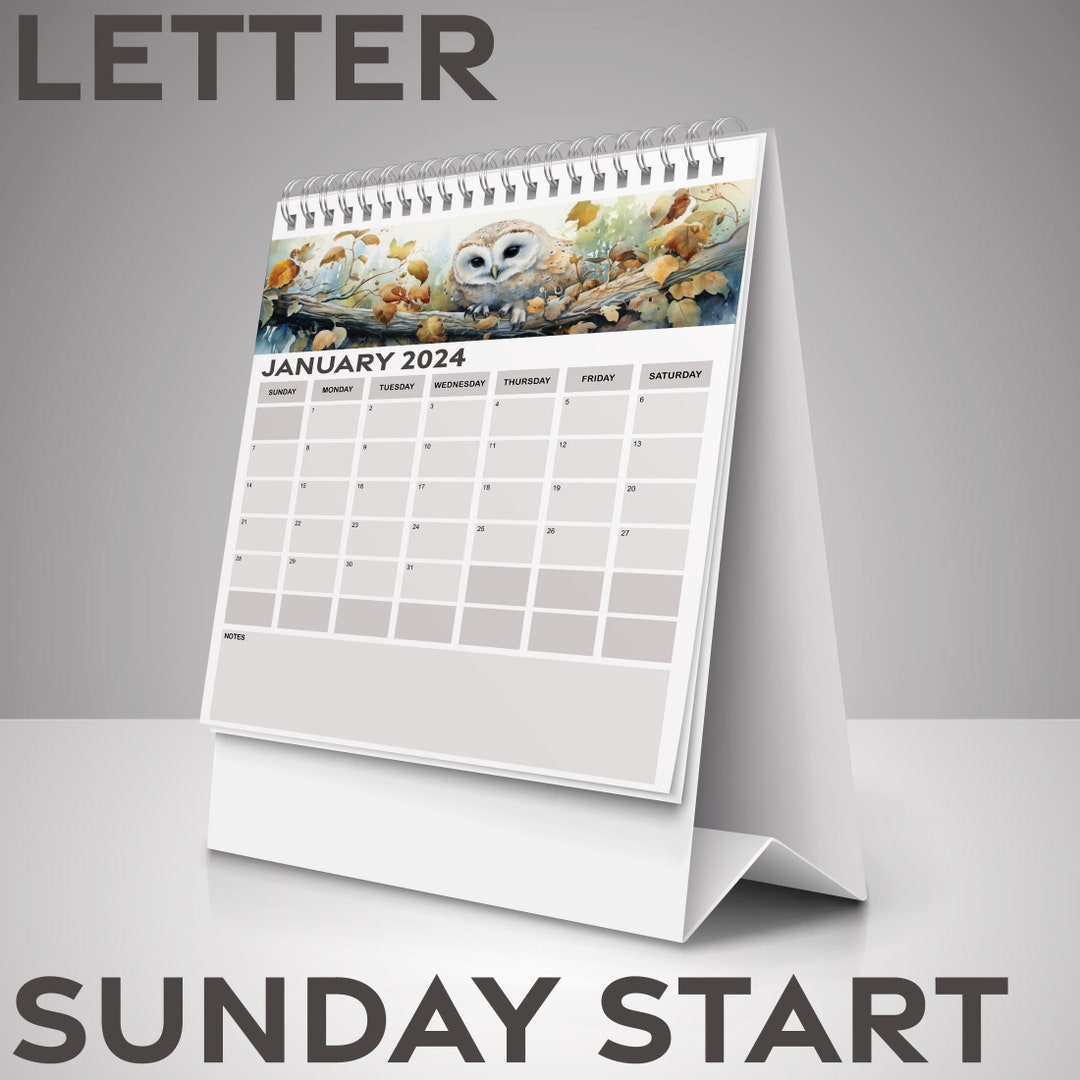 2024 Calendar, Monthly Planner 2024, Owl Calendar, Sunday Start, Monday ...