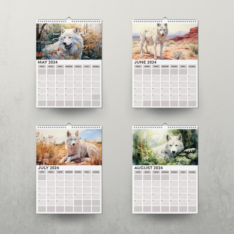 2024 Calendar, Monthly Planner 2024, Wolf Calendar, Sunday Start ...