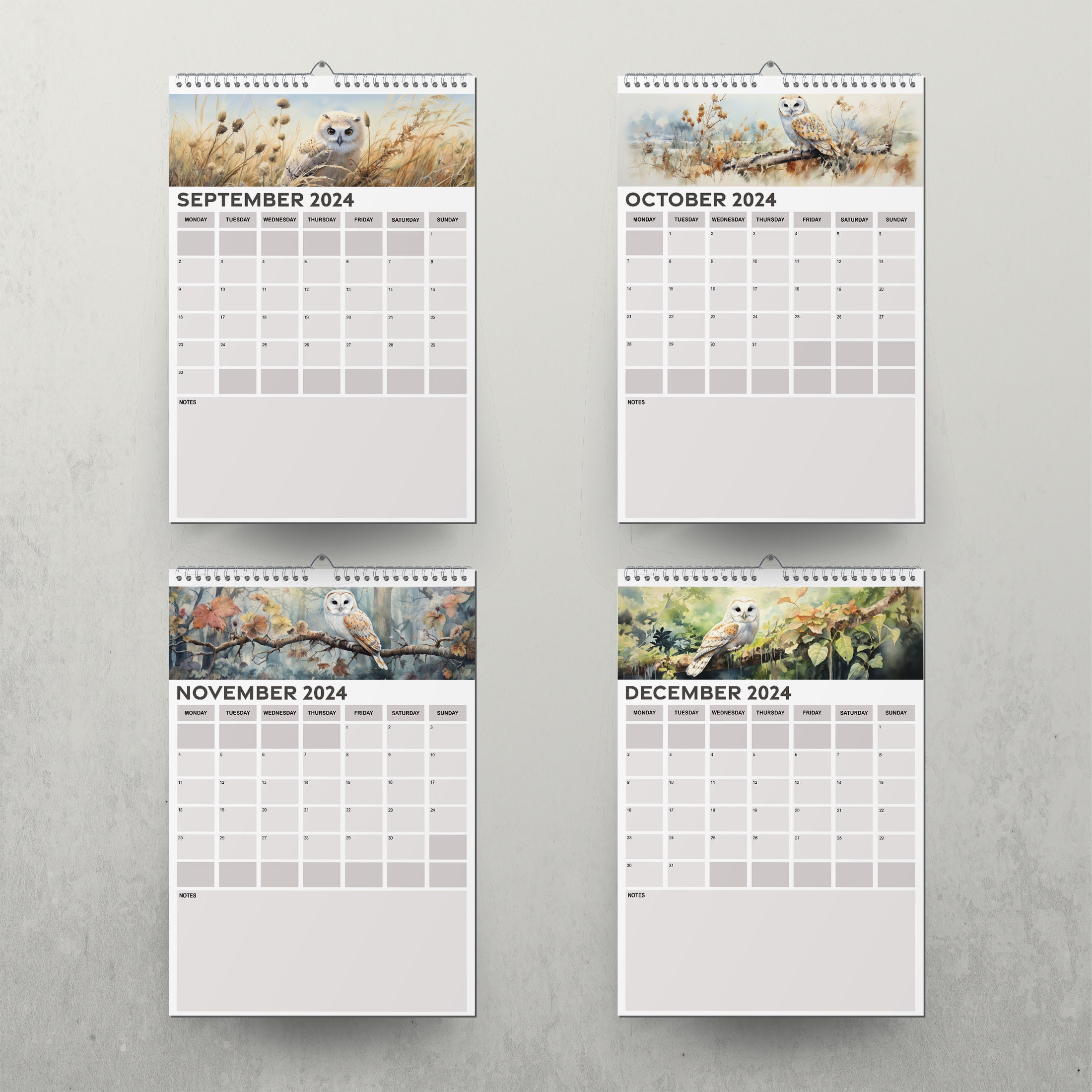 2024 Calendar, Monthly Planner 2024, Owl Calendar, Sunday Start, Monday ...