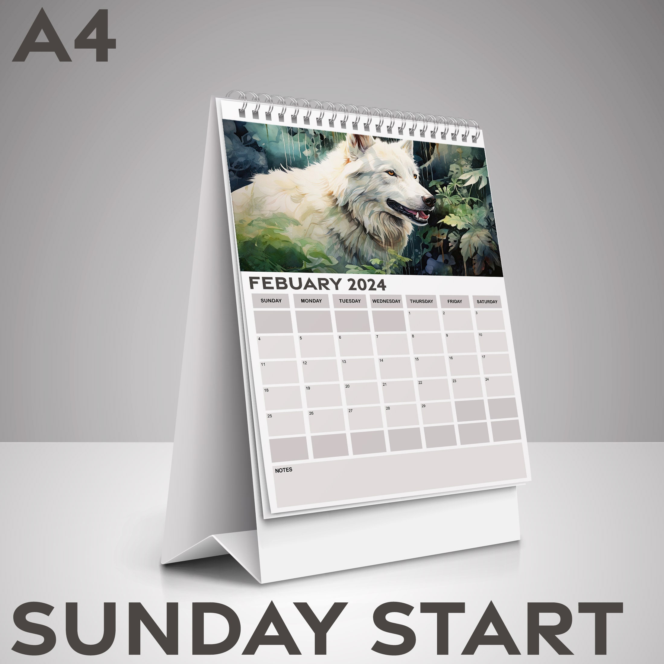 2024 Calendar, Monthly Planner 2024, Wolf Calendar, Sunday Start ...