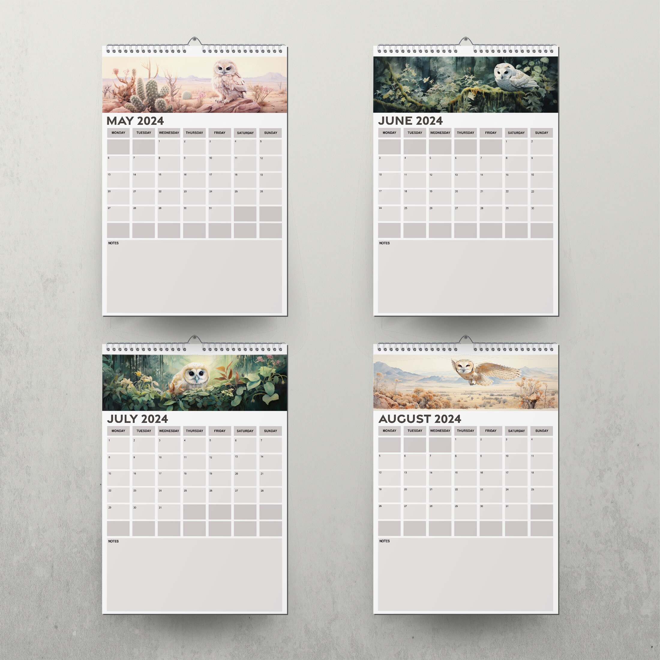 2024 Calendar, Monthly Planner 2024, Owl Calendar, Sunday Start, Monday ...