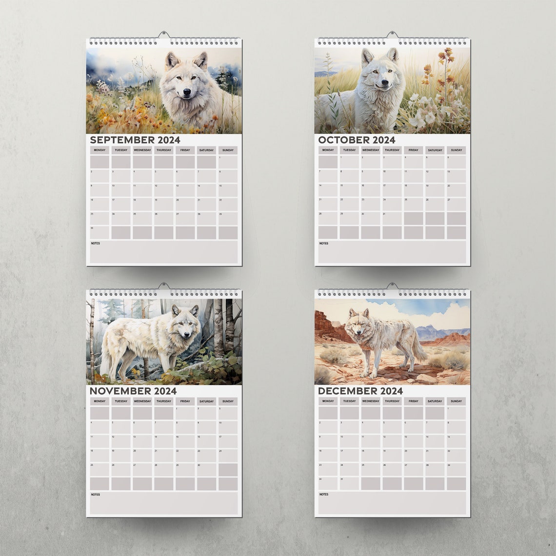 2024 Calendar, Monthly Planner 2024, Wolf Calendar, Sunday Start ...