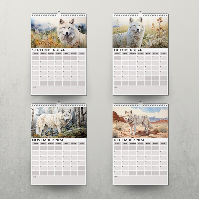 2024 Calendar, Monthly Planner 2024, Wolf Calendar, Sunday Start ...