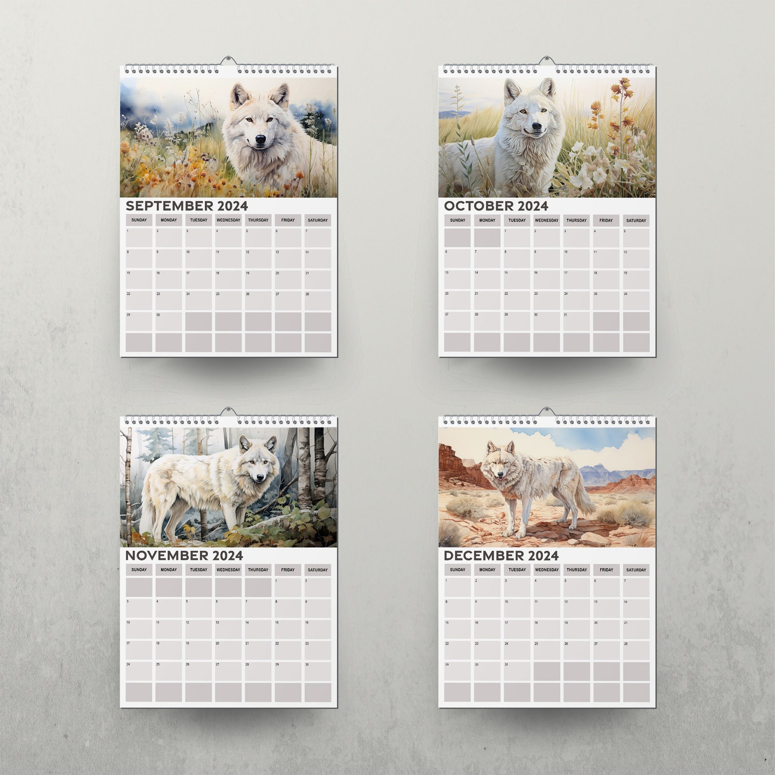 2024 Calendar, Monthly Planner 2024, Wolf Calendar, Sunday Start ...