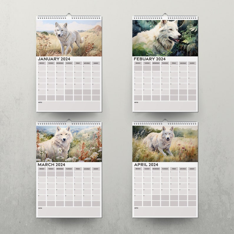 2024 Calendar, Monthly Planner 2024, Wolf Calendar, Sunday Start ...