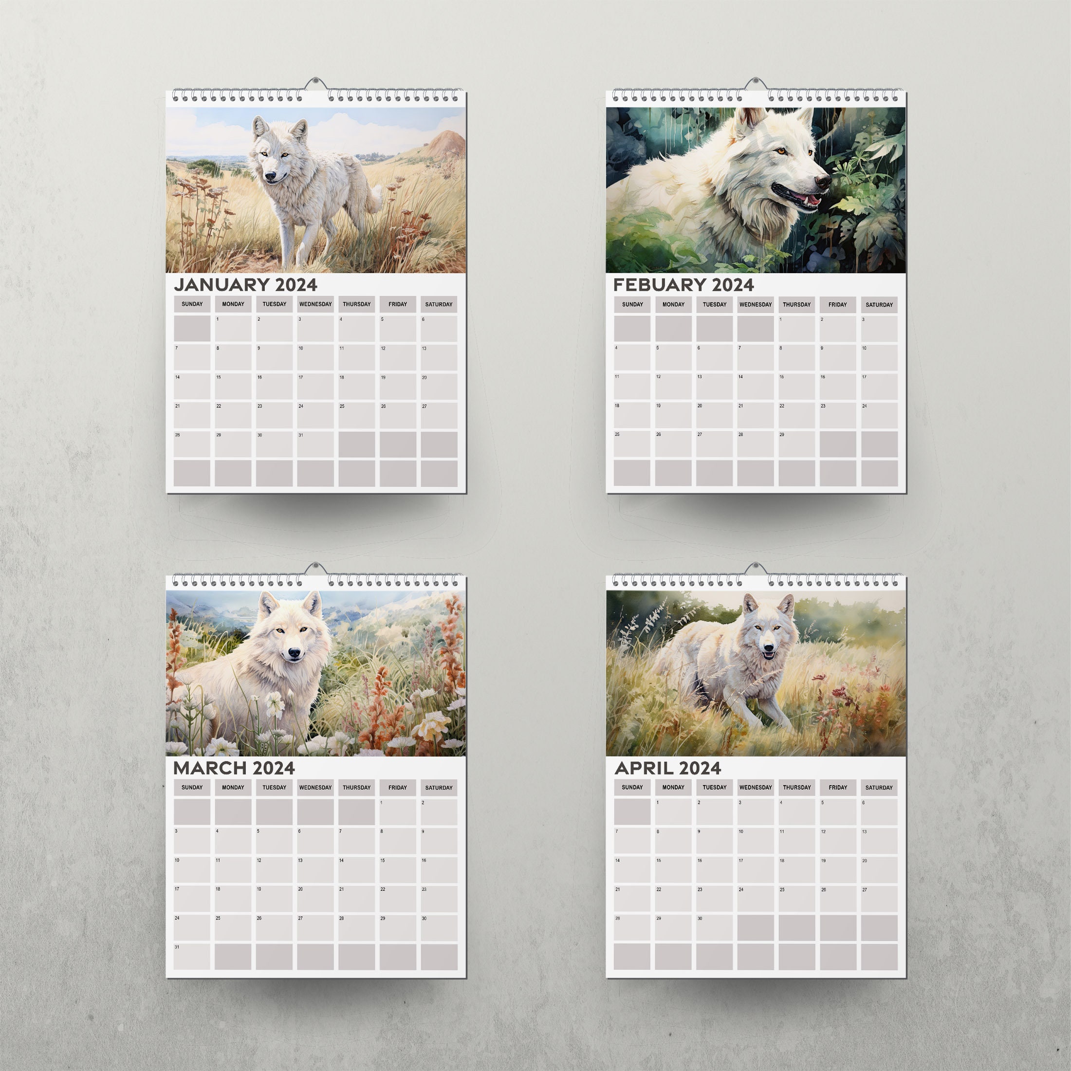 2024 Calendar, Monthly Planner 2024, Wolf Calendar, Sunday Start ...