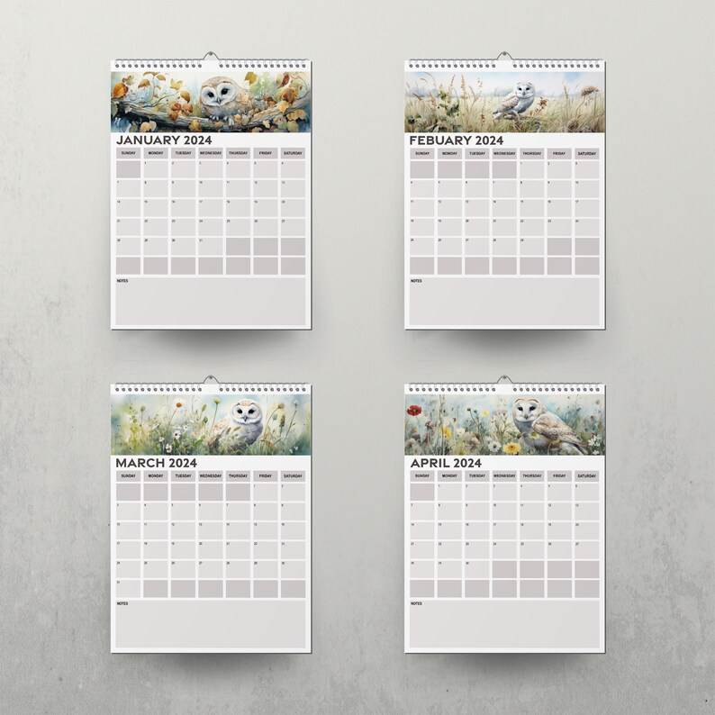 2024 Calendar, Monthly Planner 2024, Owl Calendar, Sunday Start, Monday ...