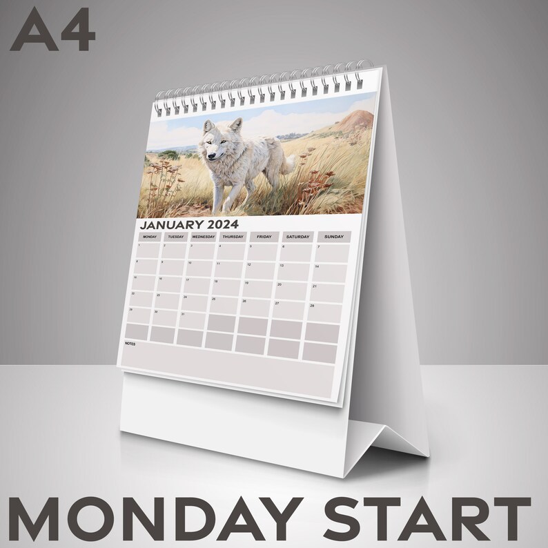 2024 Calendar, Monthly Planner 2024, Wolf Calendar, Sunday Start ...