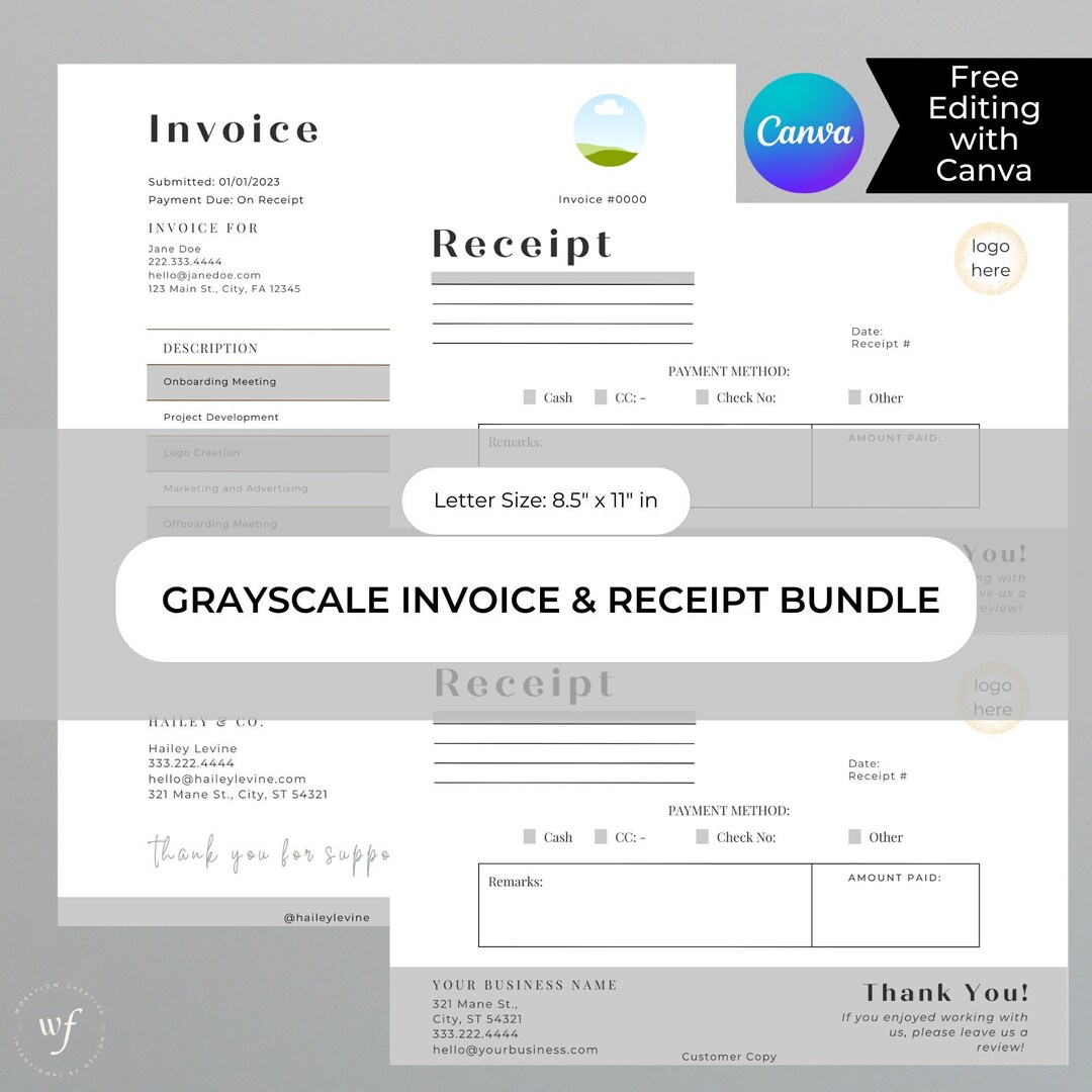 Invoice and Receipt Template, Black and White Document, Bill Statement ...