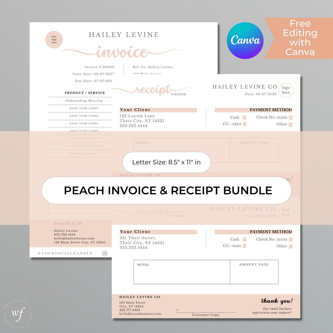 Peach Invoice and Receipt Template, Boho Bill Statement, Cash Payment ...