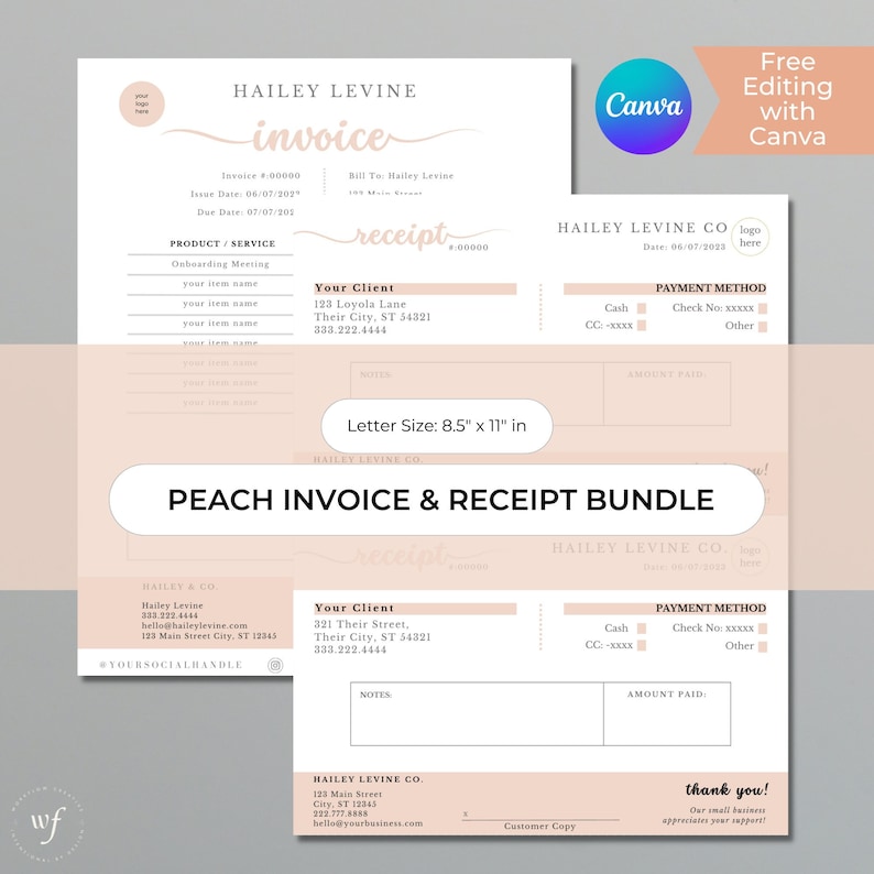Peach Invoice and Receipt Template, Boho Bill Statement, Cash Payment ...