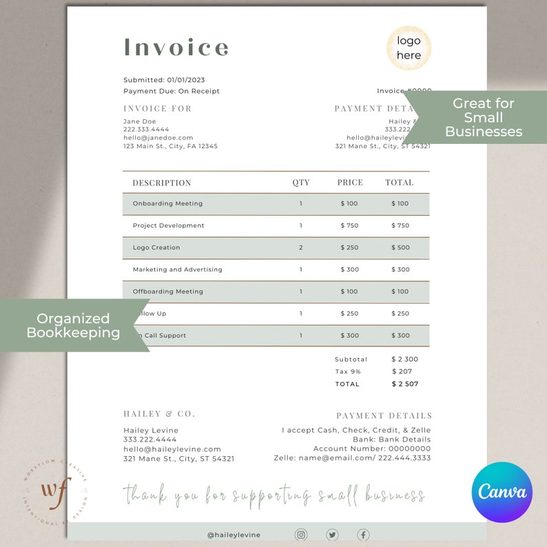 Green Invoice Template, Boho Small Business, Payable to Form ...