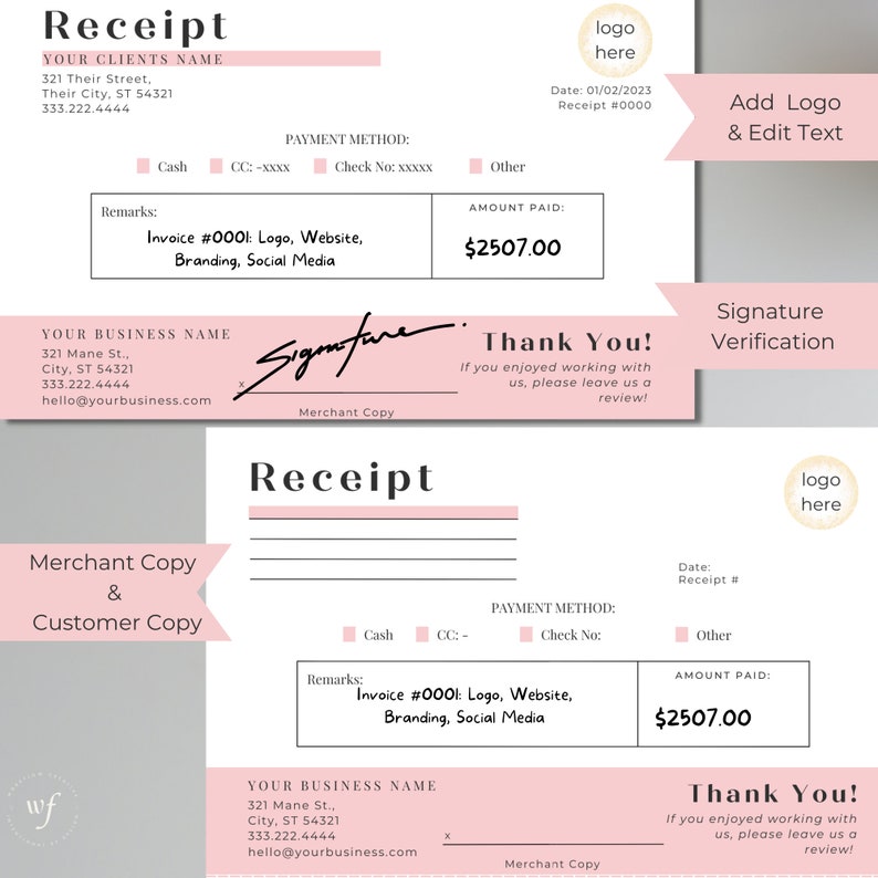 Pink Invoice and Receipt Template Esthetician Forms Bill - Etsy