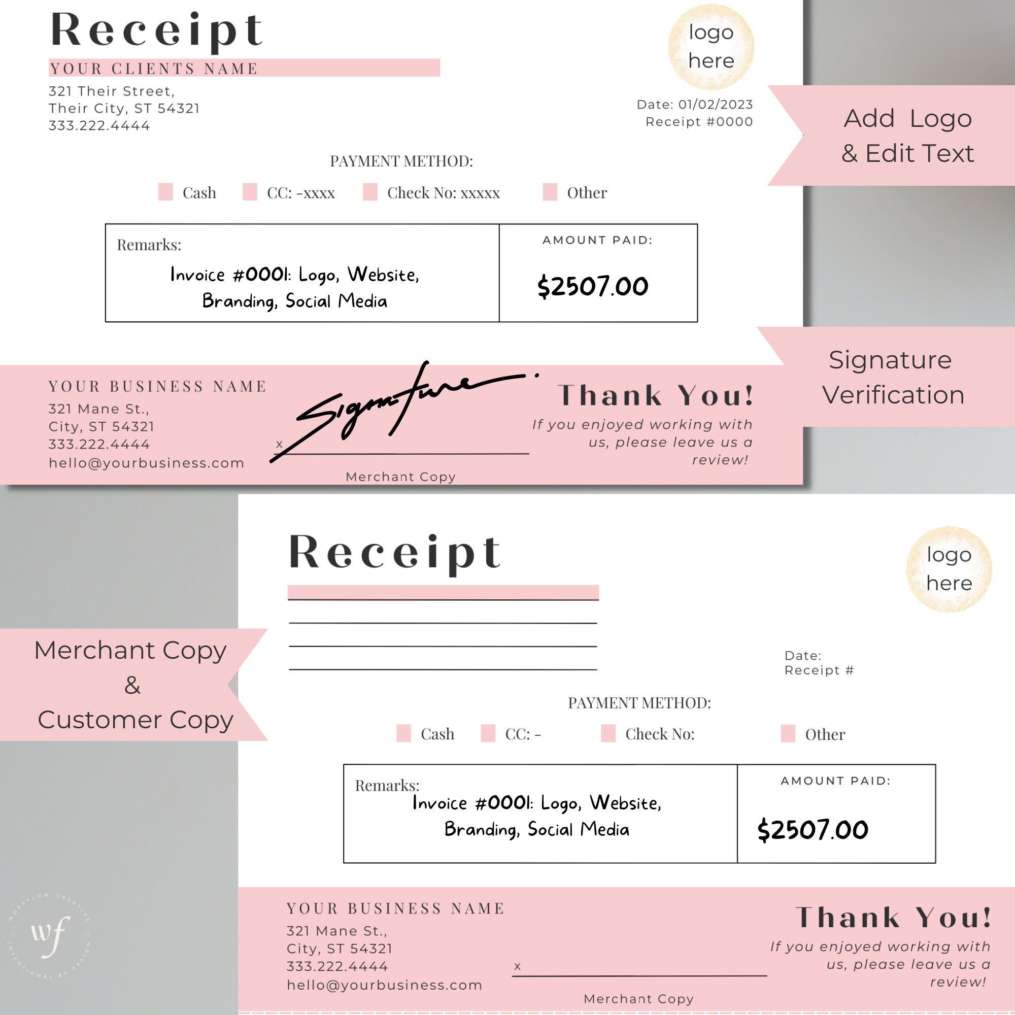 Pink Invoice and Receipt Template, Esthetician Forms, Bill Statement ...