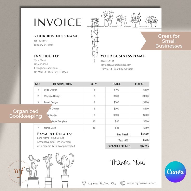 Botanical Theme Invoice Bundle, Small Business Accounting, Customizable ...