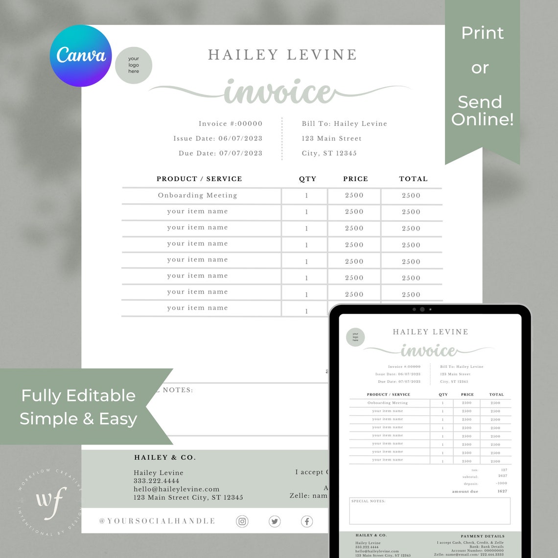 Sage Invoice and Receipt Template, Boho Bill Statement, Pay Slip, Proof ...