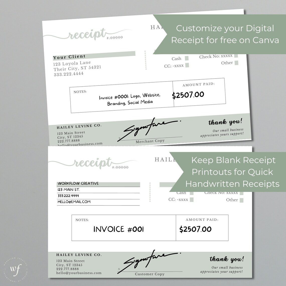 Sage Invoice and Receipt Template, Boho Bill Statement, Pay Slip, Proof ...