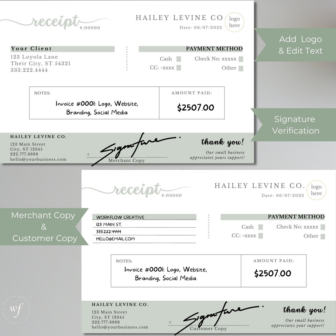 Sage Invoice and Receipt Template, Boho Bill Statement, Pay Slip, Proof ...