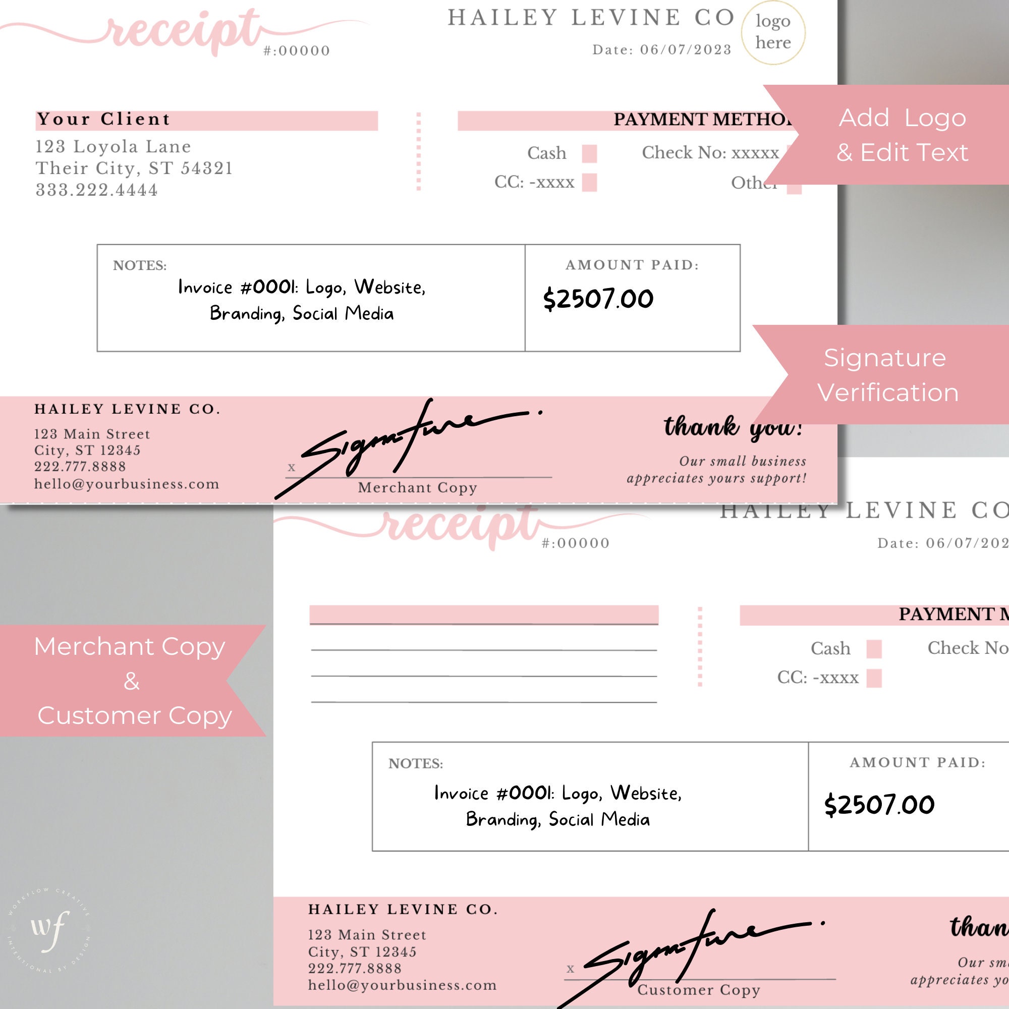 Pink Invoice and Receipt Template, Blush Document, Bill Statement, Pay ...
